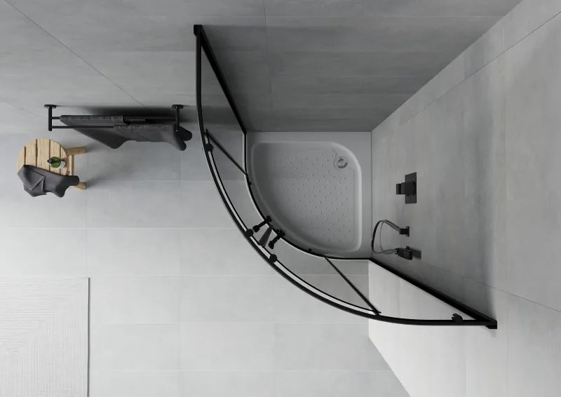 Mexen Rio, čtvrtkruhový sprchový kout s posuvnými dveřmi 90 (dveře) x 90 (dveře) x 190 cm, 5mm šedé sklo, černý profil + Rio sprchová vanička bílá, 863-090-090-70-40-4710