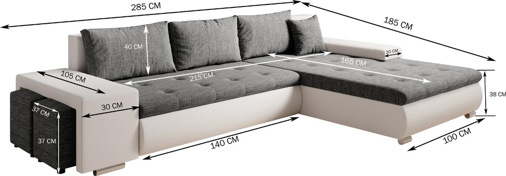 Rohová rozkládací sedací souprava do L LATINA, 285 cm, s úložným prostorem + 2x taburet Roh pohovky: Levý roh, Barva látky: Tmavě šedá a bílá Eko kůže (Berlin 01 + Soft 17)
