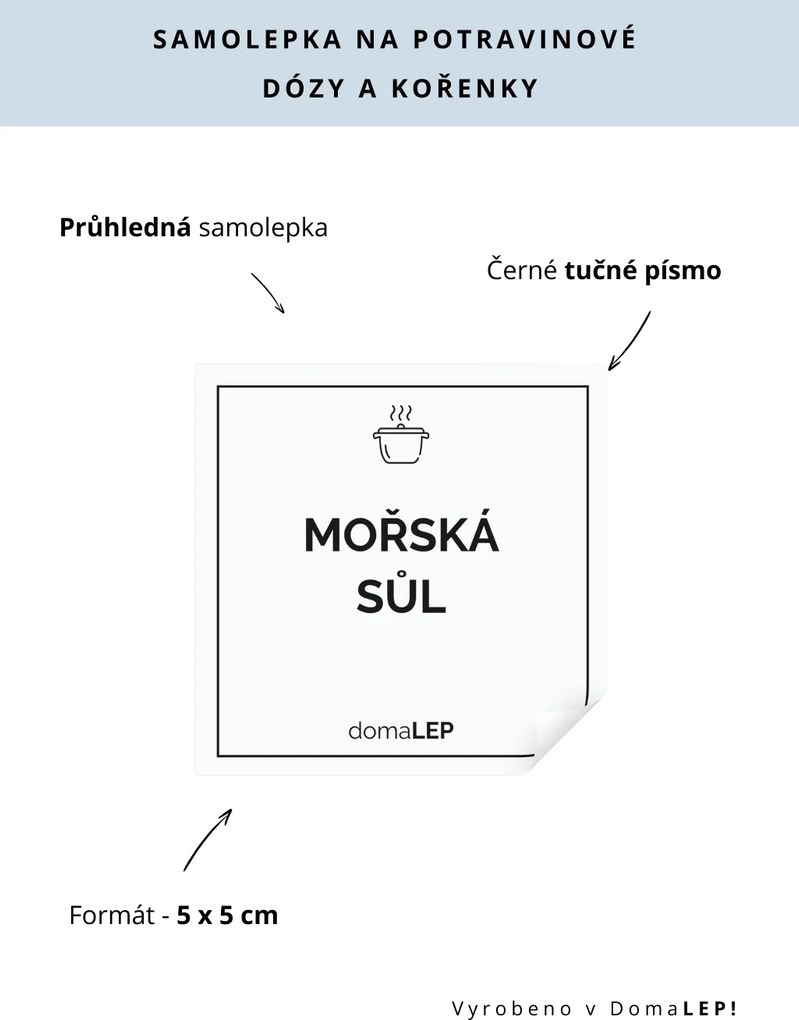 MOŘSKÁ SŮL – průhledná samolepka na dózu, tučné písmo, 5 x 5 cm | DomaLEP