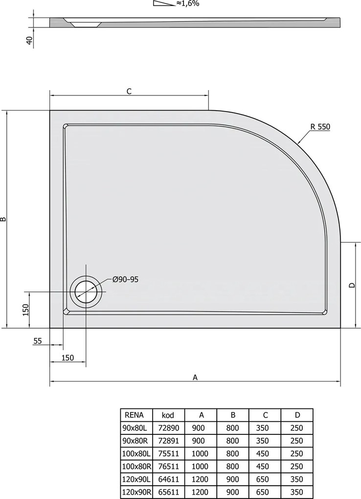 Polysan, RENA R sprchová vanička z litého mramoru, čtvrtkruh 90x80x4cm, R550, pravá, bílá, 72891