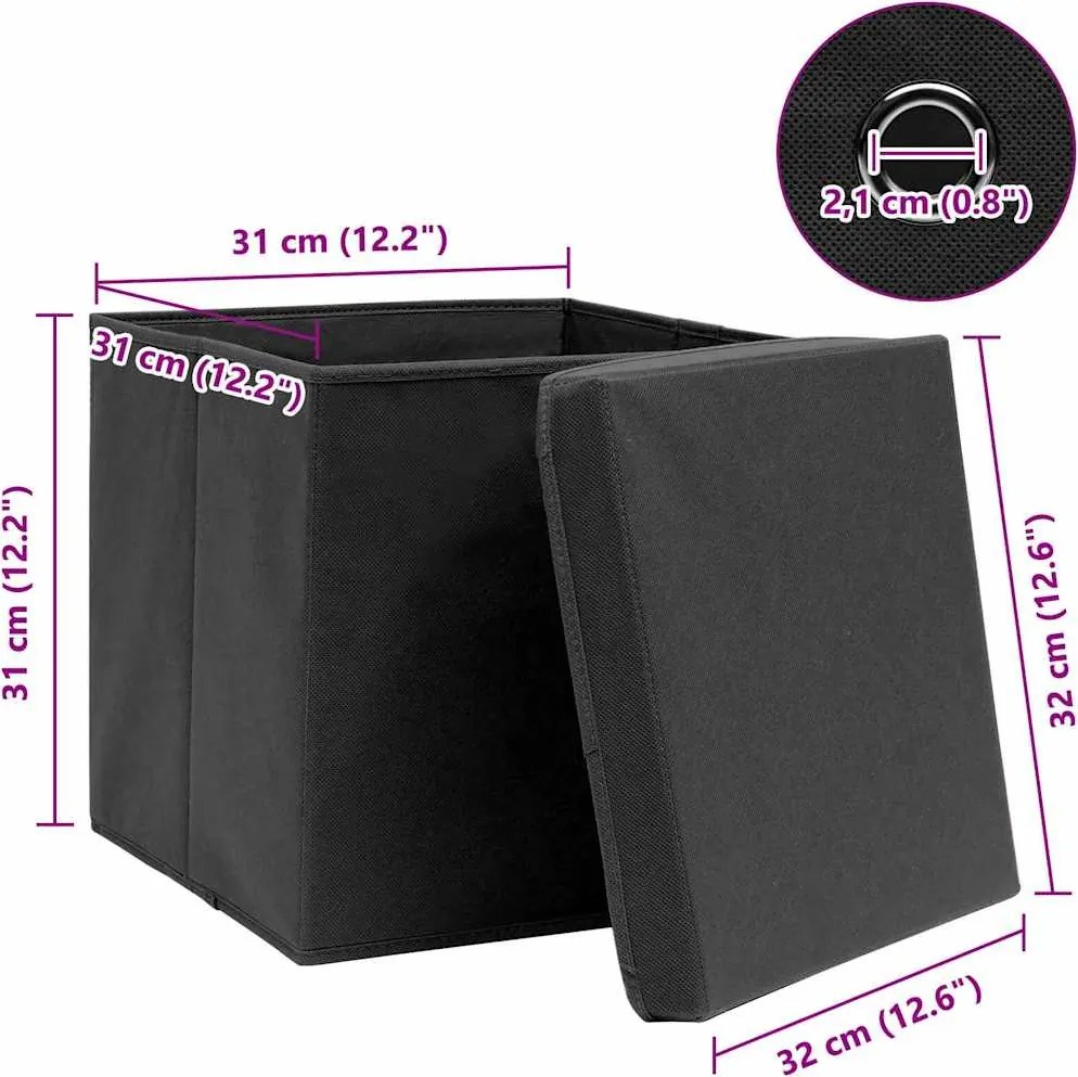 Úložné boxy s víky 10 ks černé 32 x 32 x 32 cm textil 288334