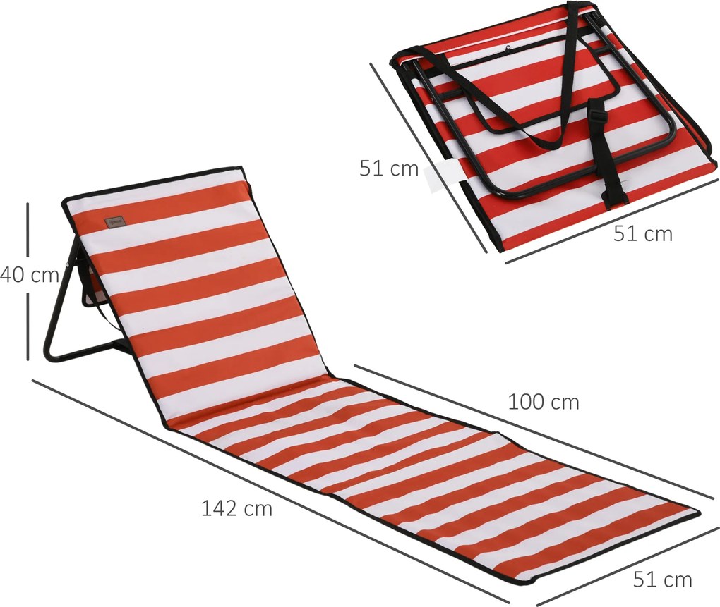 Lehátko na pláž, skládací, nastavitelné opěradlo, boční kapsa, měkké polstrování, ocelový rám, červené, 142x51x40cm