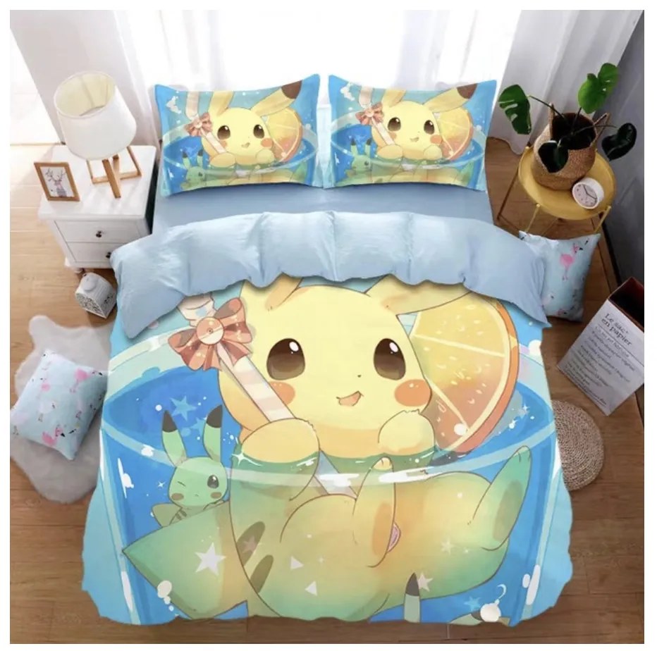 3-dílné ložní povlečení Pokémon - Pikachu 3D (228 x 228 cm a 2x povlak na polštář 50 x 75 cm) Motiv: 6 - Pikachu a limonáda