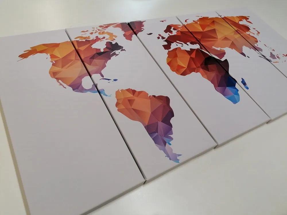 5-dílný obraz polygonální mapa světa v odstínech oranžové - 200x100 cm
