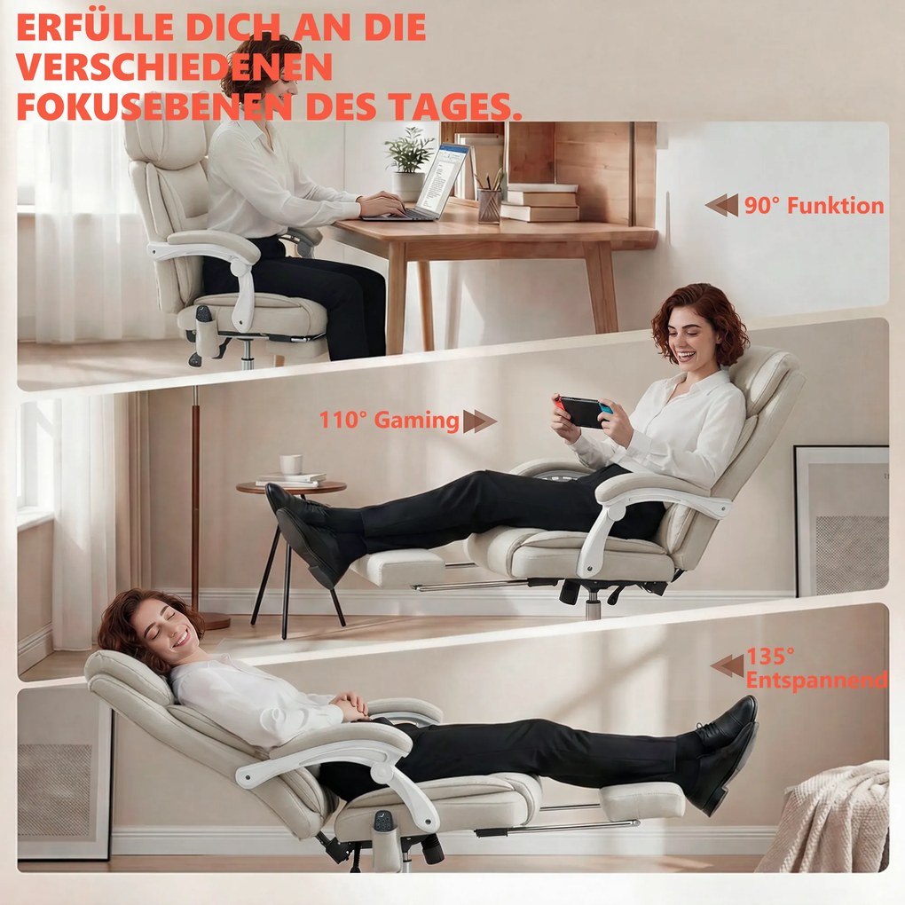 HOMCOM Kancelářská židle s vysokým opěradlem s vibrační masáží a vyhříváním, ergonomická, naklápěcí, s opěrkou nohou, krémově bílá
