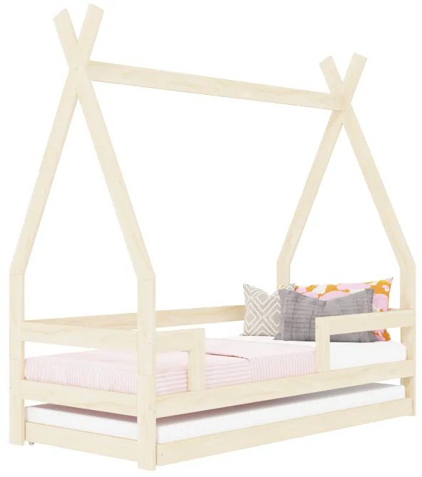 Benlemi Dětská dřevěná postel SAFE 5v1 ve tvaru teepee se zábranou a přistýlkou Zvolte barvu: Cihlová, Zvolte rozměr: 90x160 cm, Zvolte zábranu: Se dvěma zábranami