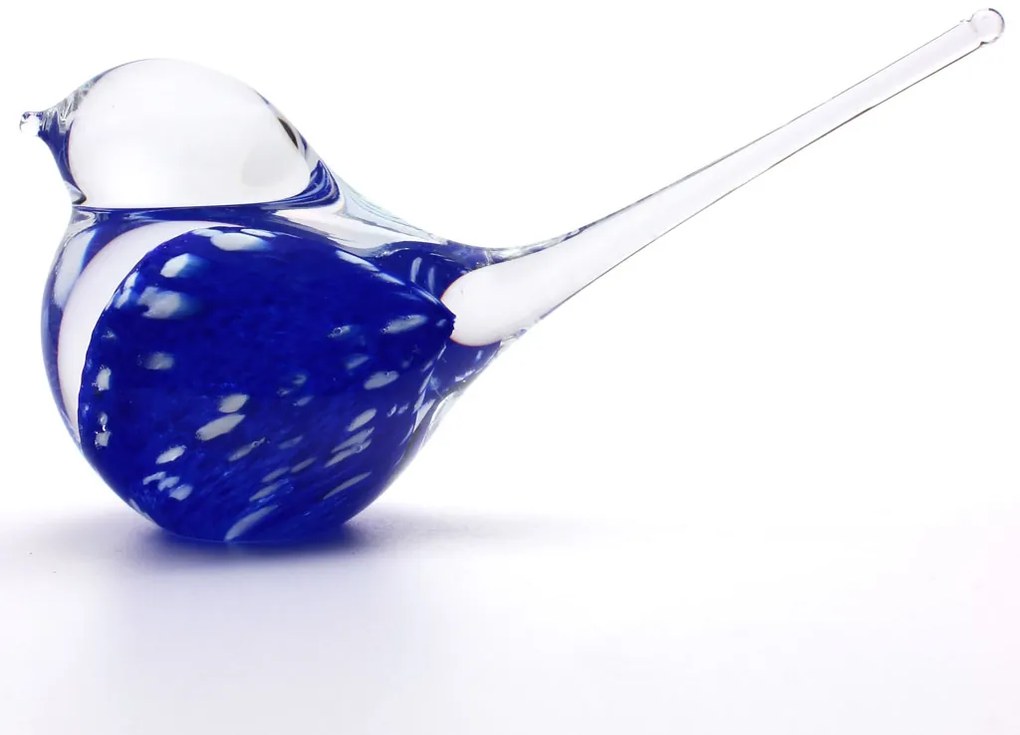 Skleněný ptáček 01, Modrá/Bílá, Délka: 15 cm | České hutní sklo od Artcristal Bohemia