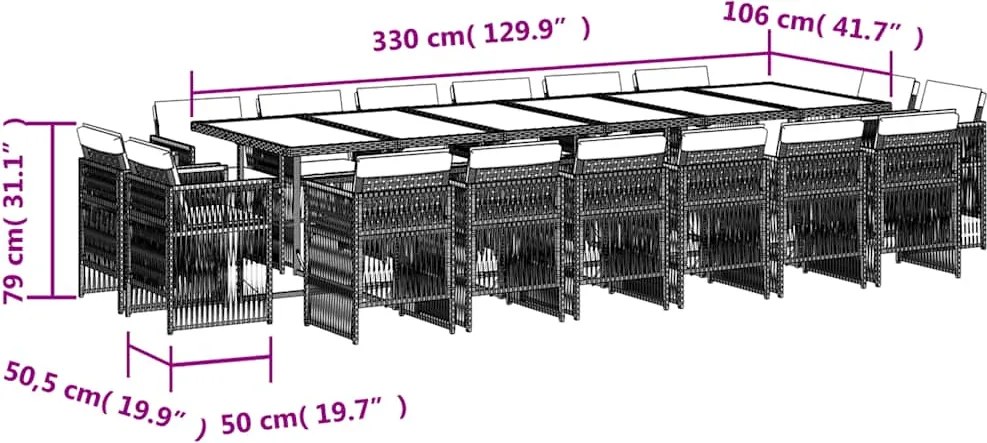 17dílný zahradní jídelní set s poduškami šedý polyratan 3211064