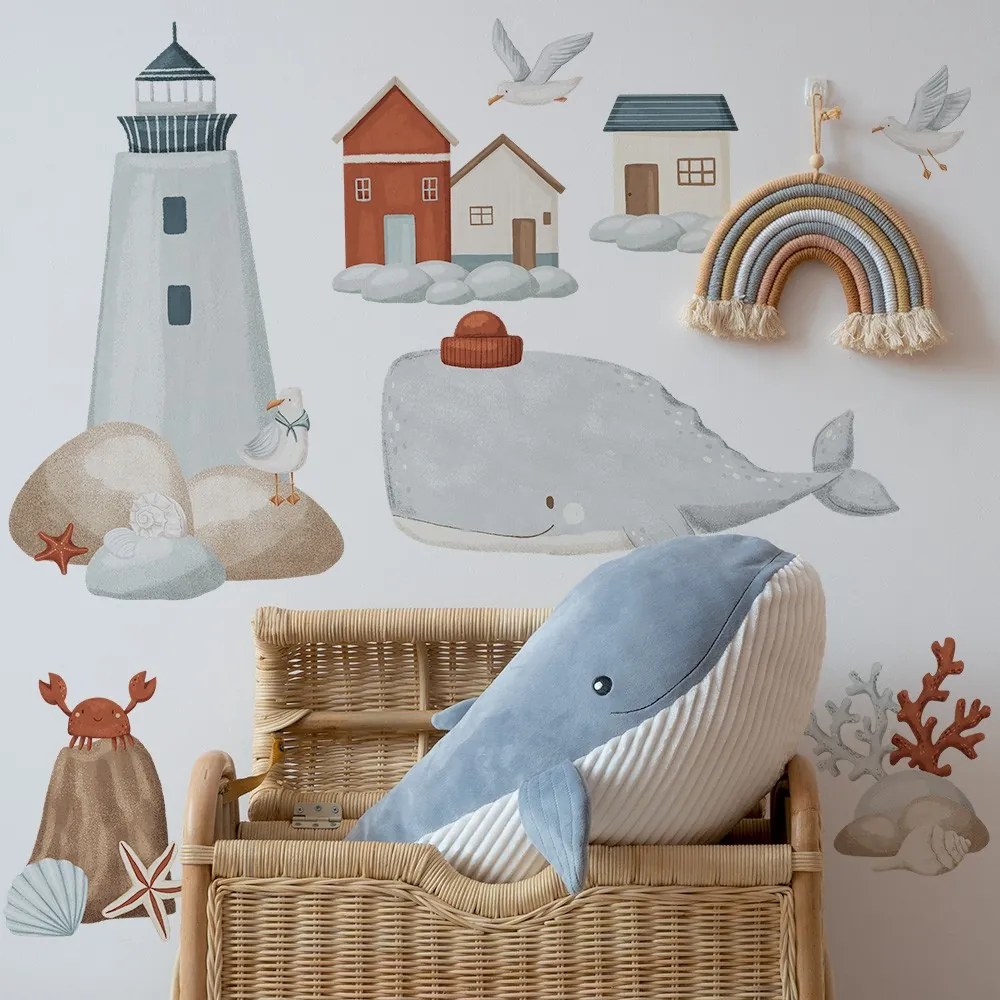 Gario Dětská nálepka na zeď Sea voyage - maják, domečky a velryba