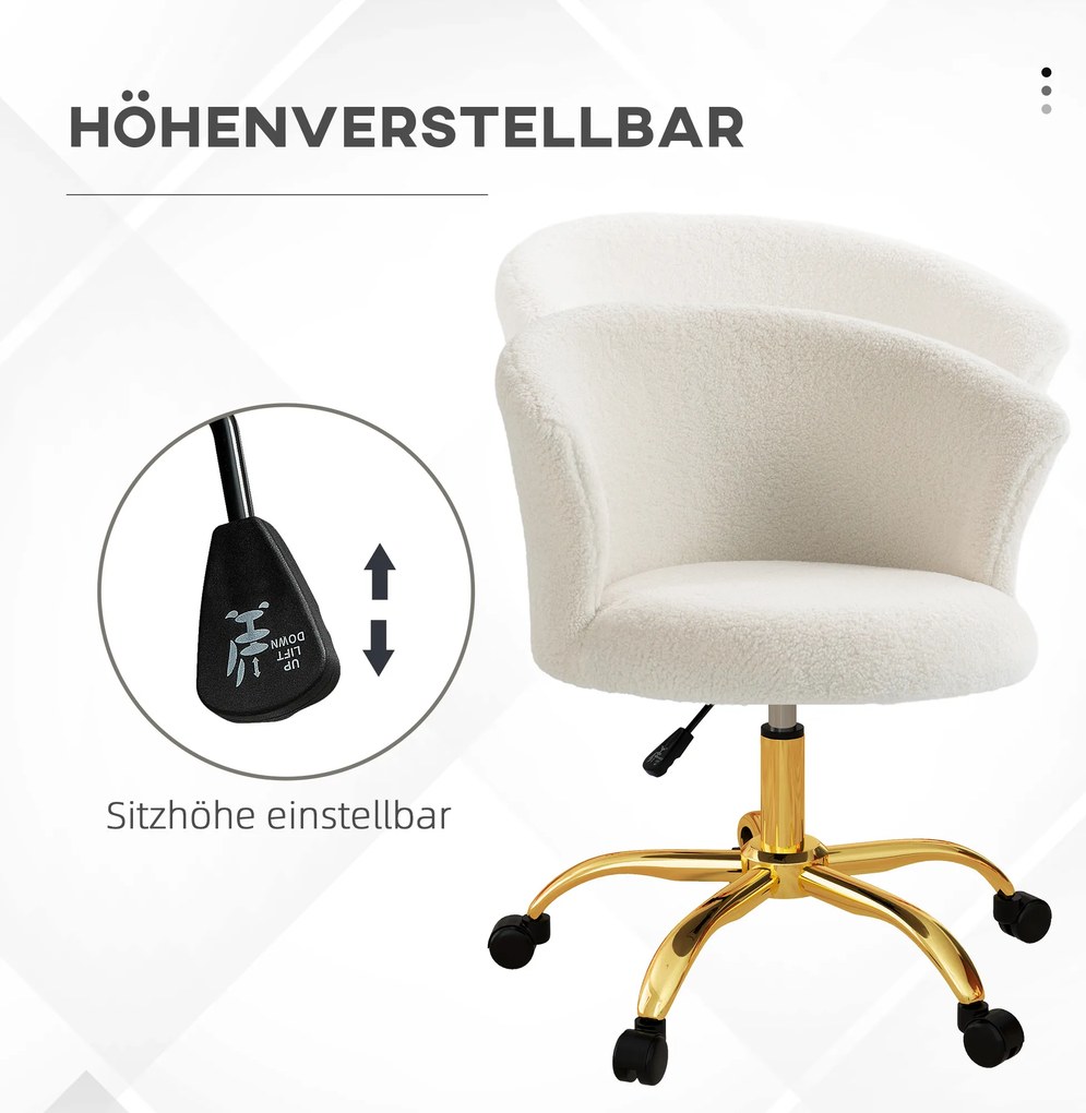 Ergonomická kancelářská židle Vinsetto Teddy Fleece, kosmetická židle, otočná židle s nastavitelnou výškou, polstrované sedadlo a zlatý ocelový rám, …