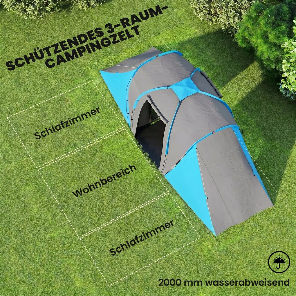 Outsunny rodinný stan pro 4-6 osob, voděodolný 2000 mm, skládací stan s 2 ložnicemi, batoh na kempování 555x225x190 cm, šedý a modrý