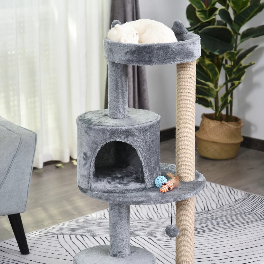 PawHut kočičí strom 4-patrová kočičí jeskyně s míčky na hraní a bidýlkem sisalový sloupek škrabadlo plyšové šedé 48x48x104cm pro kočky | Aosom.de