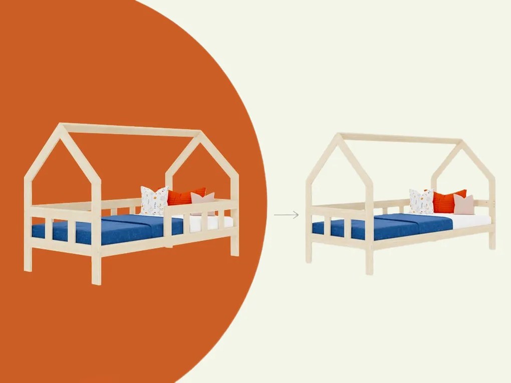 Benlemi Dětská postel domeček FENCE 2v1 ze dřeva se zábranou Zvolte barvu: Béžová, Zvolte rozměr: 90x190 cm, Zvolte zábranu: S otevřeným vstupem
