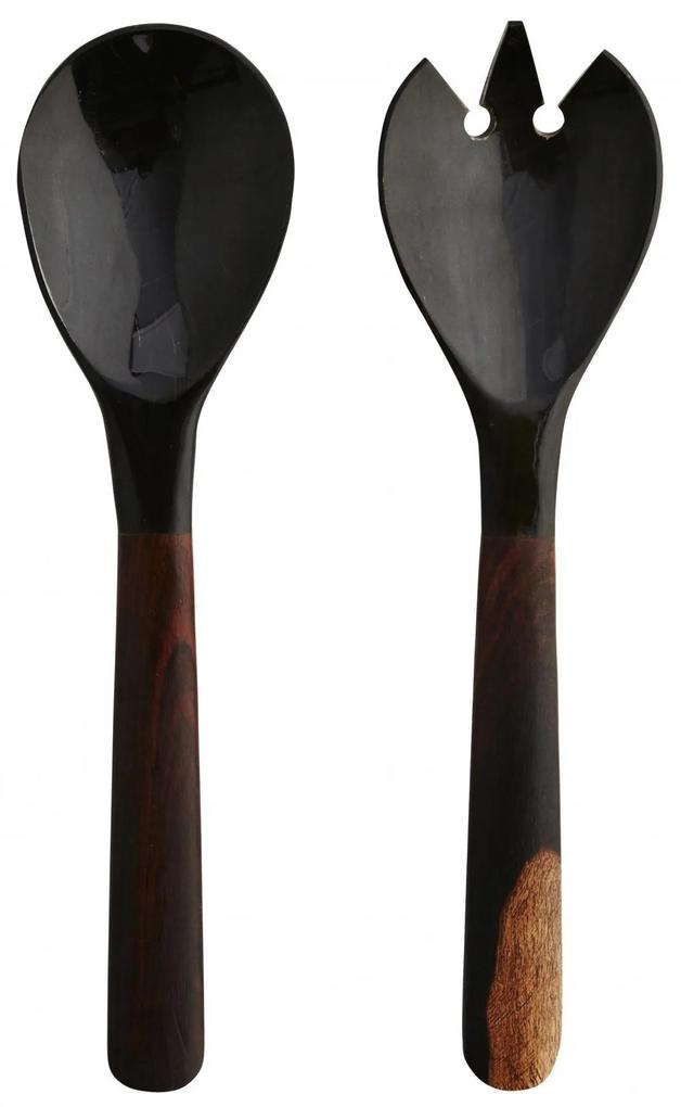 MADAM STOLTZ Rohovinový salátový příbor Horn/Wood, černá barva, hnědá barva, přírodní barva, dřevo