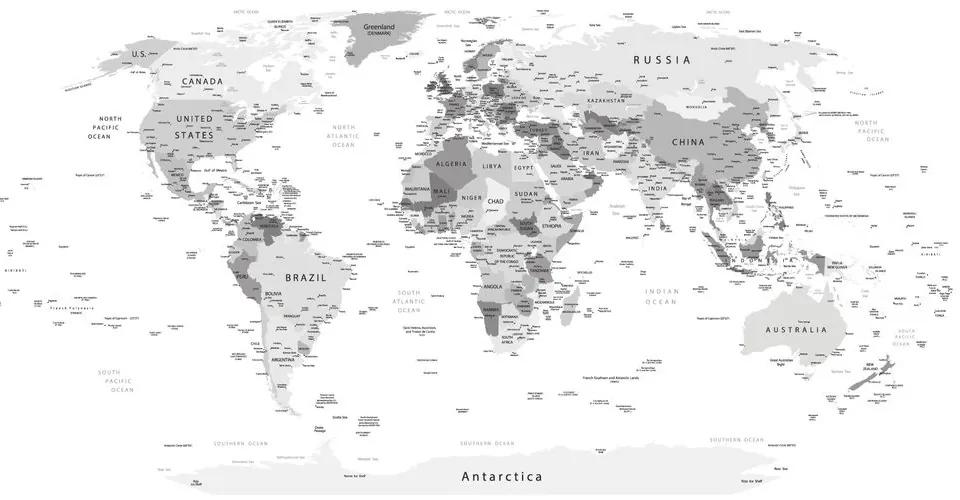 Tapeta černobílá mapa s názvy - 450x300 cm