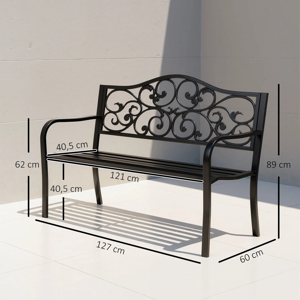 Outsunny zahradní lavice 3místná ocelová lavice s litinovými područkami černá 127x60x89cm pro zahradu terasu balkon | Aosom.de
