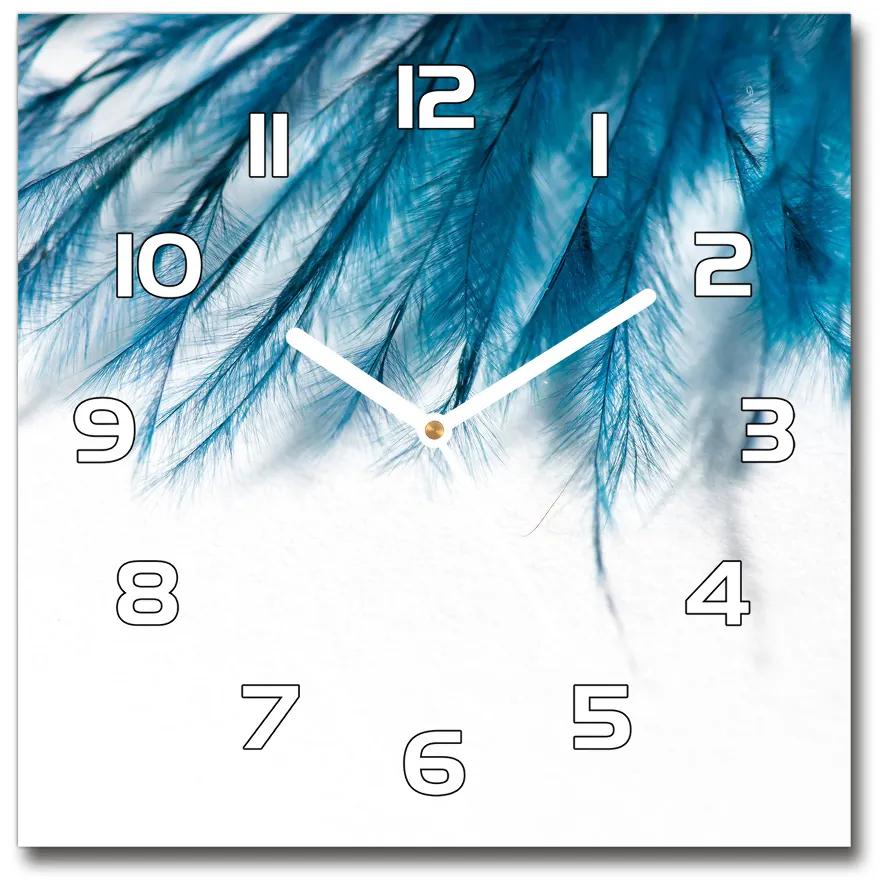 Wallmuralia Skleněné hodiny čtverec Modrá pírka 30x30 cm