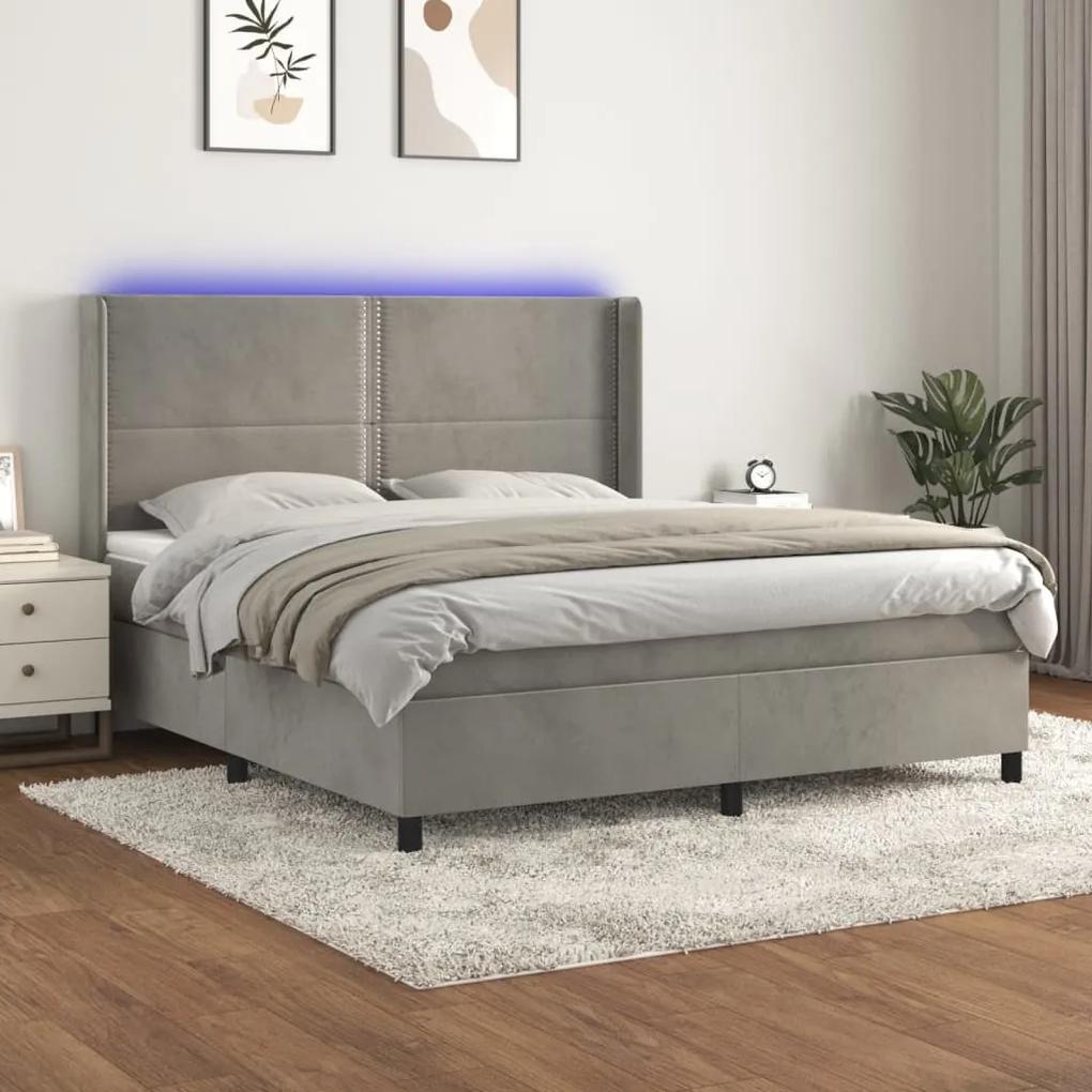 Box spring postel s matrací a LED světle šedá 160x200 cm samet,  3139511