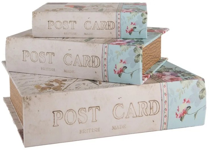 Sada 3 ks úložných boxů ve tvaru knihy s ptáčkem, známkou a nápisem Post Card – 27x22 cm / 22x17 cm / 17x12 cm