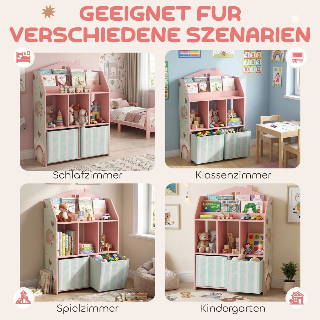 Dětský regál Dětský regál se 2 látkovými zásuvkami otevřený Regál pro 3-8 let 62,5x30x91,5 cm Růžový