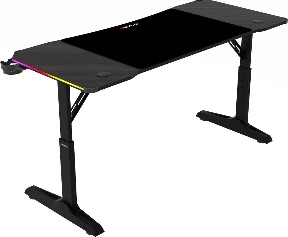 Výškově nastavitelný herní stůl ERACER H1214 — 140x60 cm, kov, melamin, černá, RGB podsvícení
