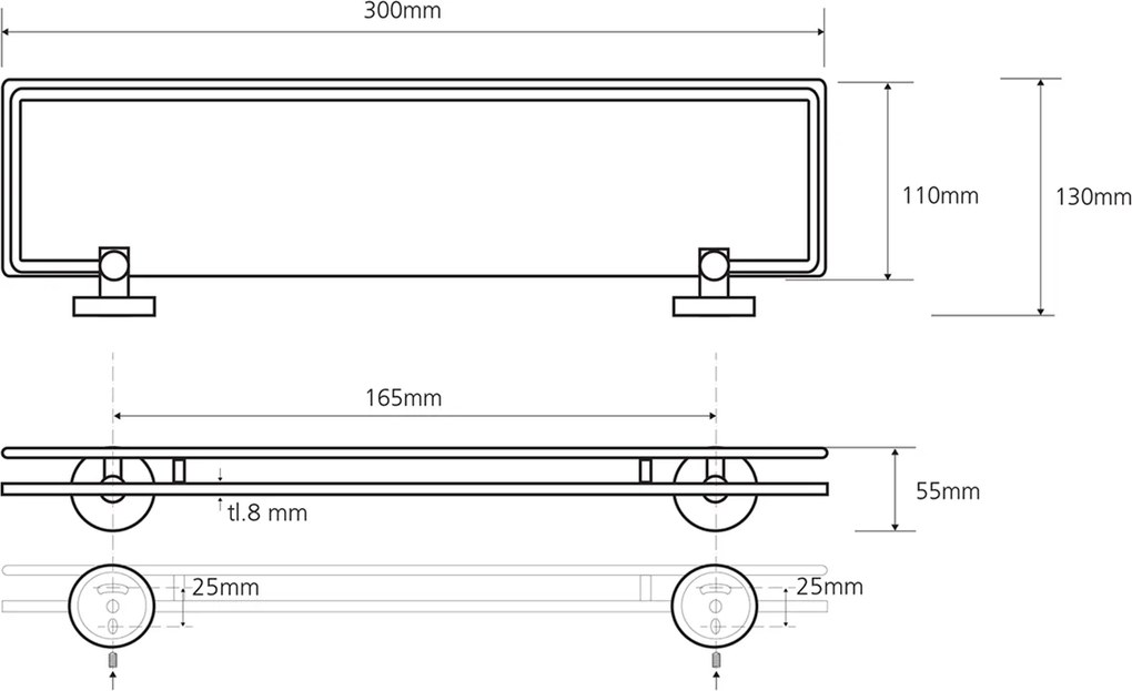 Sapho Sapho, X-ROUND E polička skleněná s výklopnou hrazdou 300x130mm, mléčné sklo, chrom, XR607