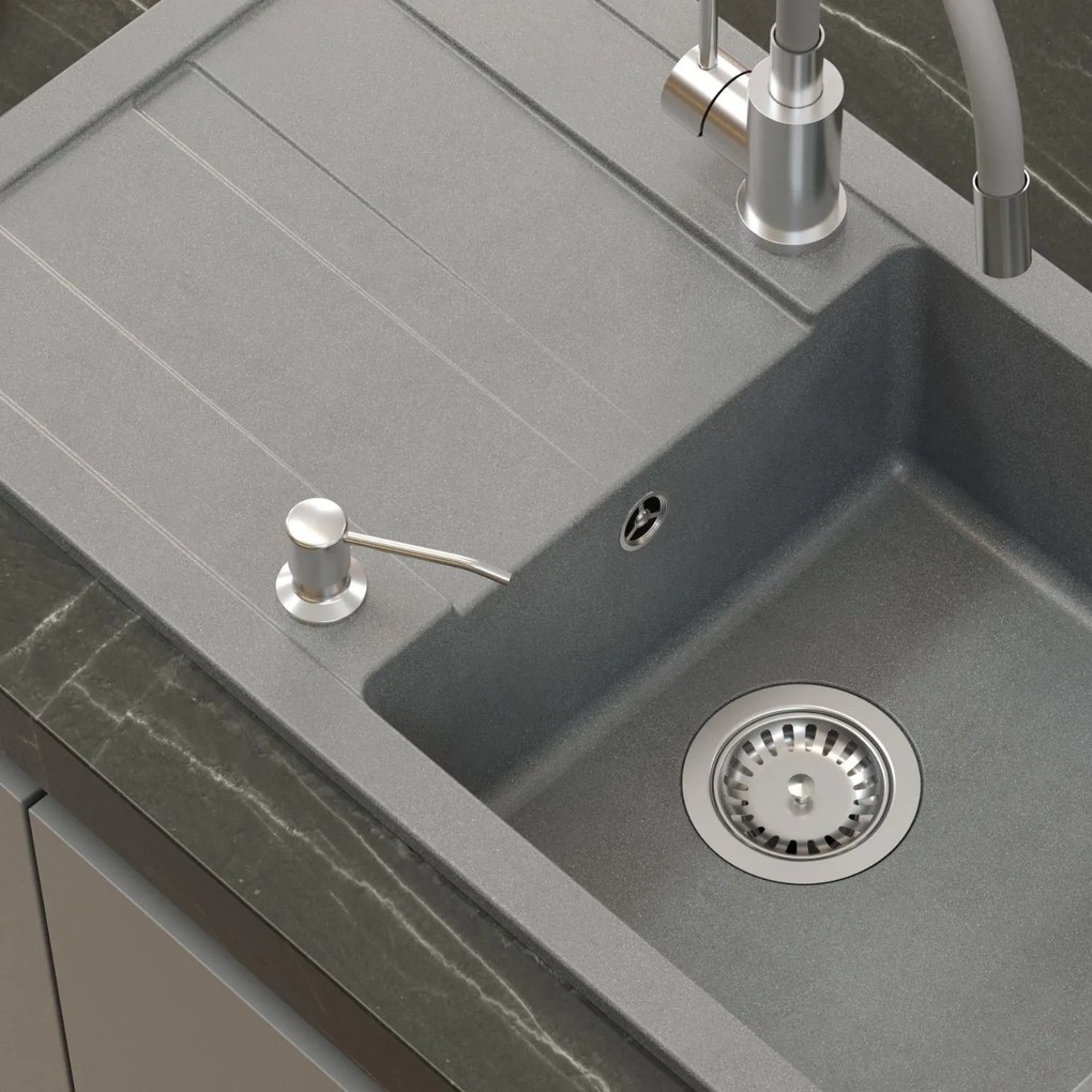 Šedý kuchyňský granitový dřez QUADRON READY- MAX + BATERIE A DÁVKOVAČ NA SAPONÁT