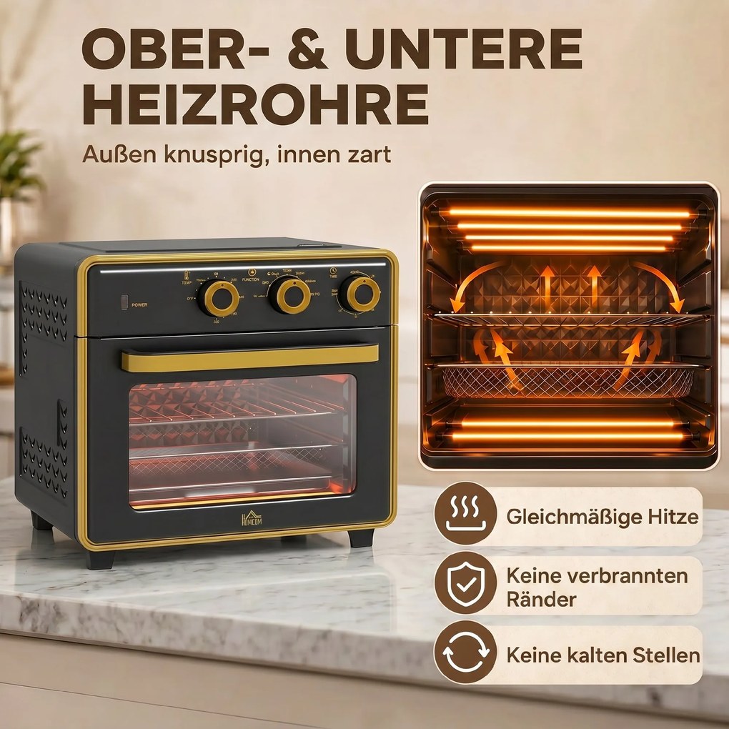 HOMCOM malá trouba 20L 1400W 90-230℃ s časovačem na 1 hodinu 3 polohy roštu Plech na pečení Žehlička Černá 36cm x 37,7cm x 34,5cm | Aosom.de