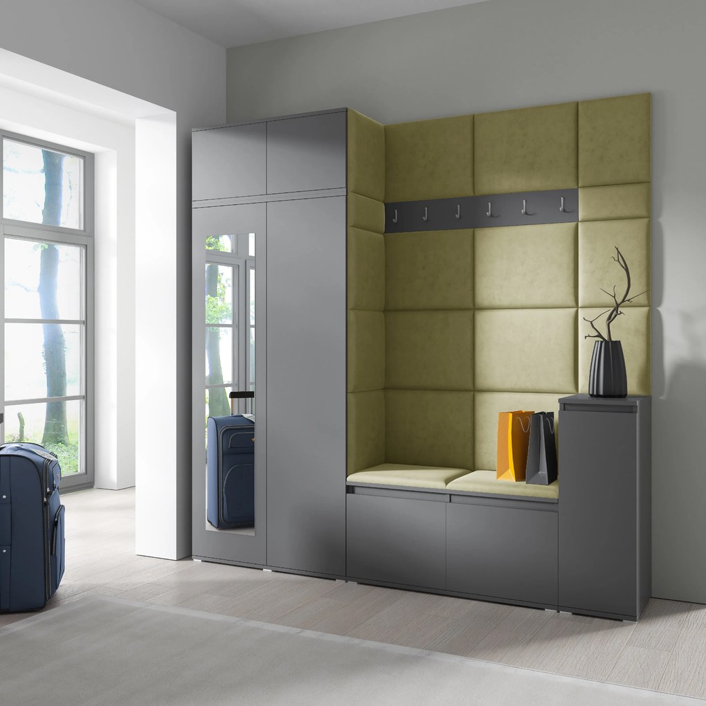 Eka Předsíňová stěna s čalouněnými panely Trinity 26 - Grafit / Zelená 2327