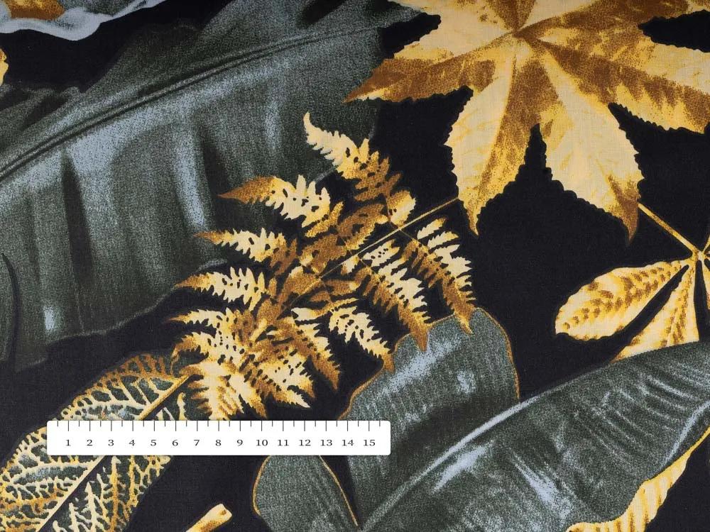 Biante Bavlněný čtvercový ubrus Sandra SA-389 Šedozelené a zlaté tropické listy na černém 150x150 cm