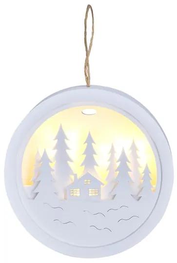 SOLIGHT LED vánoční dekorace závěsná, les a chatka, bílá, 2x AAA