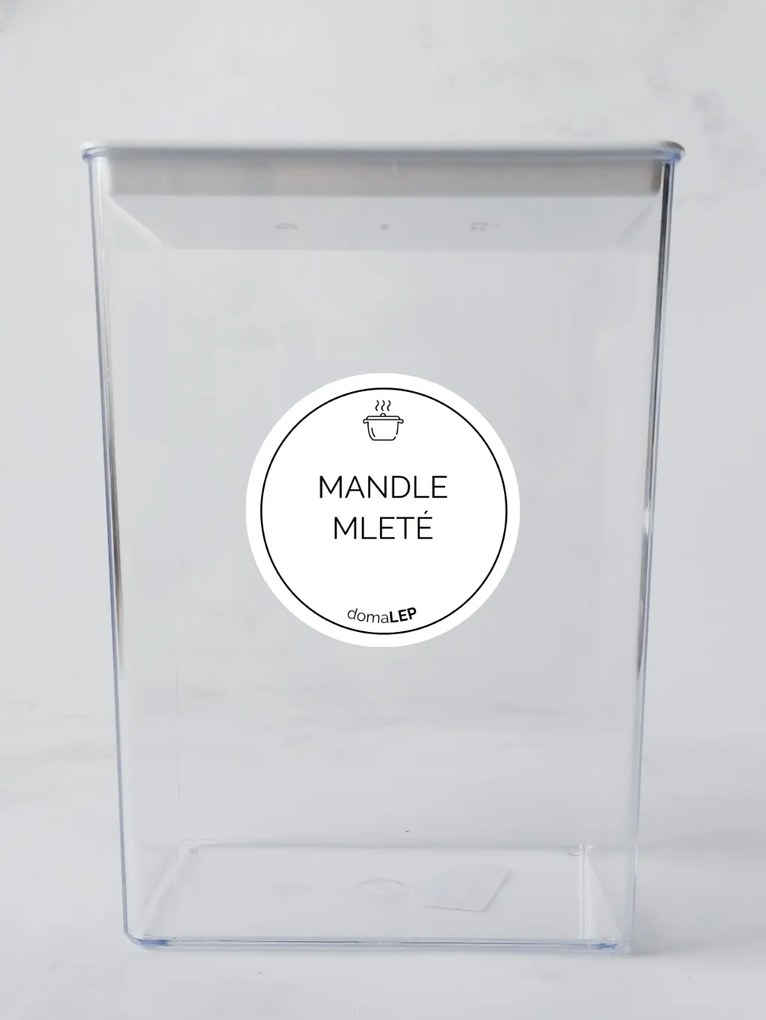 MANDLE MLETÉ – bílá samolepka na dózu, základní písmo, 5 cm | DomaLEP