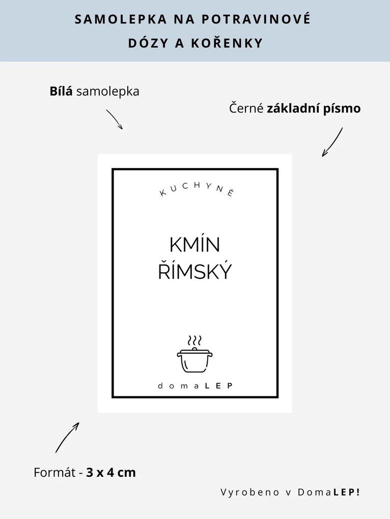 Samolepka na kořenky KMÍN ŘÍMSKÝ bílá 3 × 4 cm základní písmo