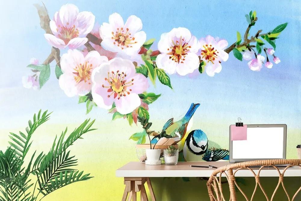 Samolepící tapeta sýkorky a kvetoucí květiny - 300x200 cm