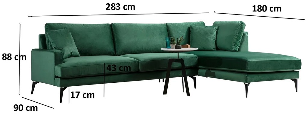 Designová rohová sedačka Fenicia 283 cm zelená - pravá