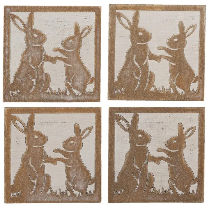 Sada 4ks dřevěný podtácek s králíčky – 10x10 cm