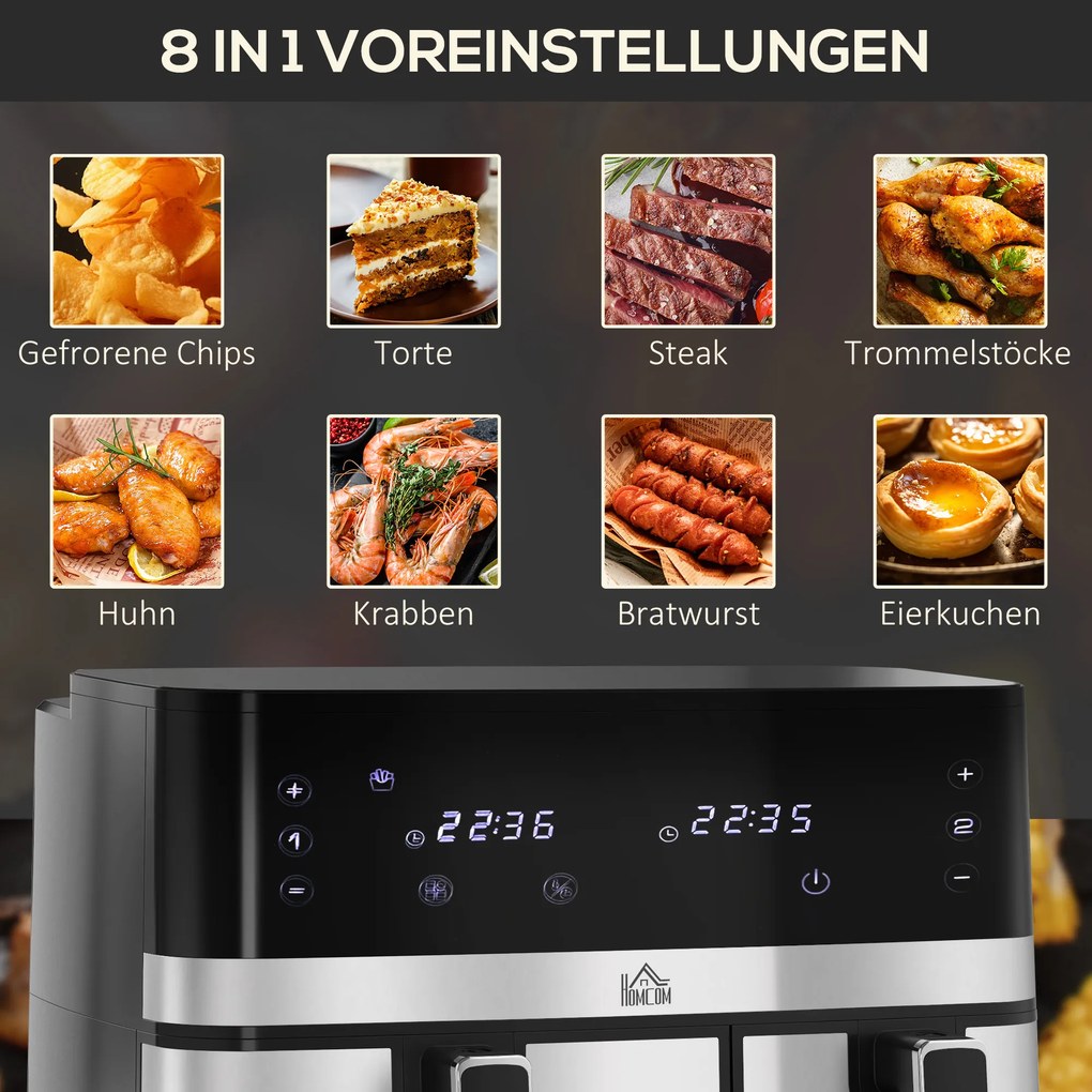 HOMCOM Horkovzdušná fritéza 8,5 l Dvoukomorová fritéza 8v1 s nepřilnavým povrchem Dotykový displej Chytrý časovač bez oleje Černá | Aosom