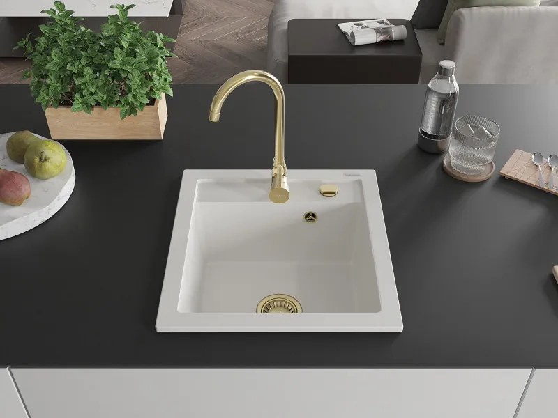 Mexen Vito, granitový dřez 520x490x210 mm, 1-komorový, bílá se zlatým sifonem, 6503521000-20-G