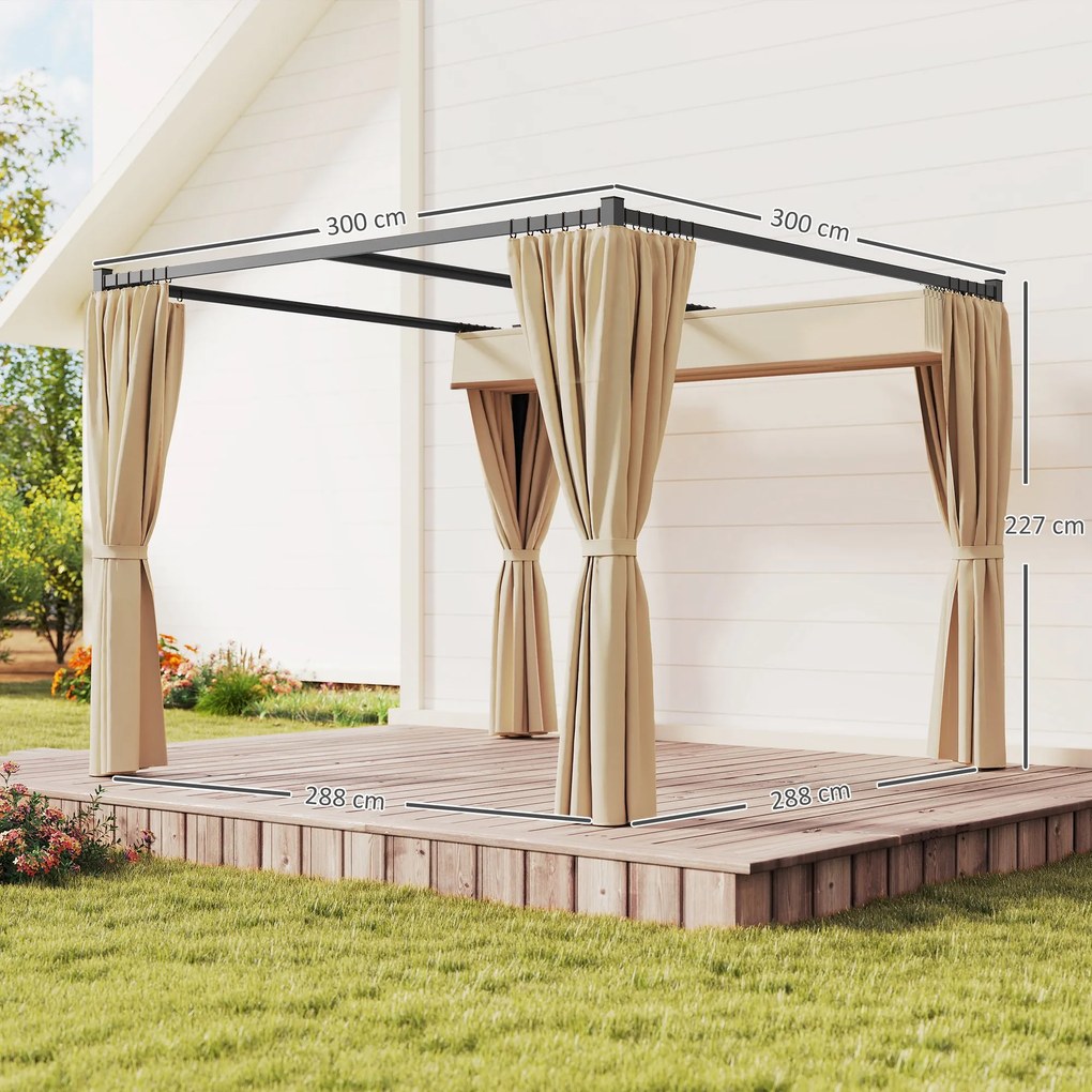 Outsunny pergola 3 x 3 m, volně stojící zastřešení terasy s posuvnou střechou, 4 boční stěny, odolné proti UV, béžové