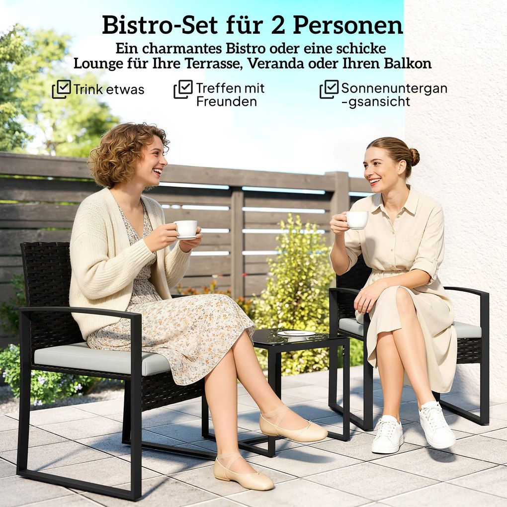 Ratanový bistro set, 3dílná sada zahradního nábytku se 2 zahradními židlemi, konferenčním stolkem, odnímatelnými polštáři krémově bílá