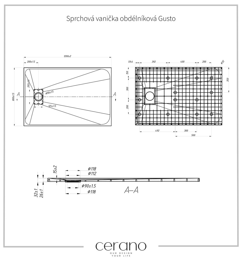 CERANO - Sprchová vanička obdélníková Gusto - bílá matná - 120x80 cm
