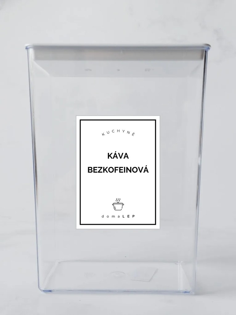 KÁVA BEZKOFEINOVÁ – bílá samolepka na dózu, tučné písmo, 6 × 8 cm | DomaLEP