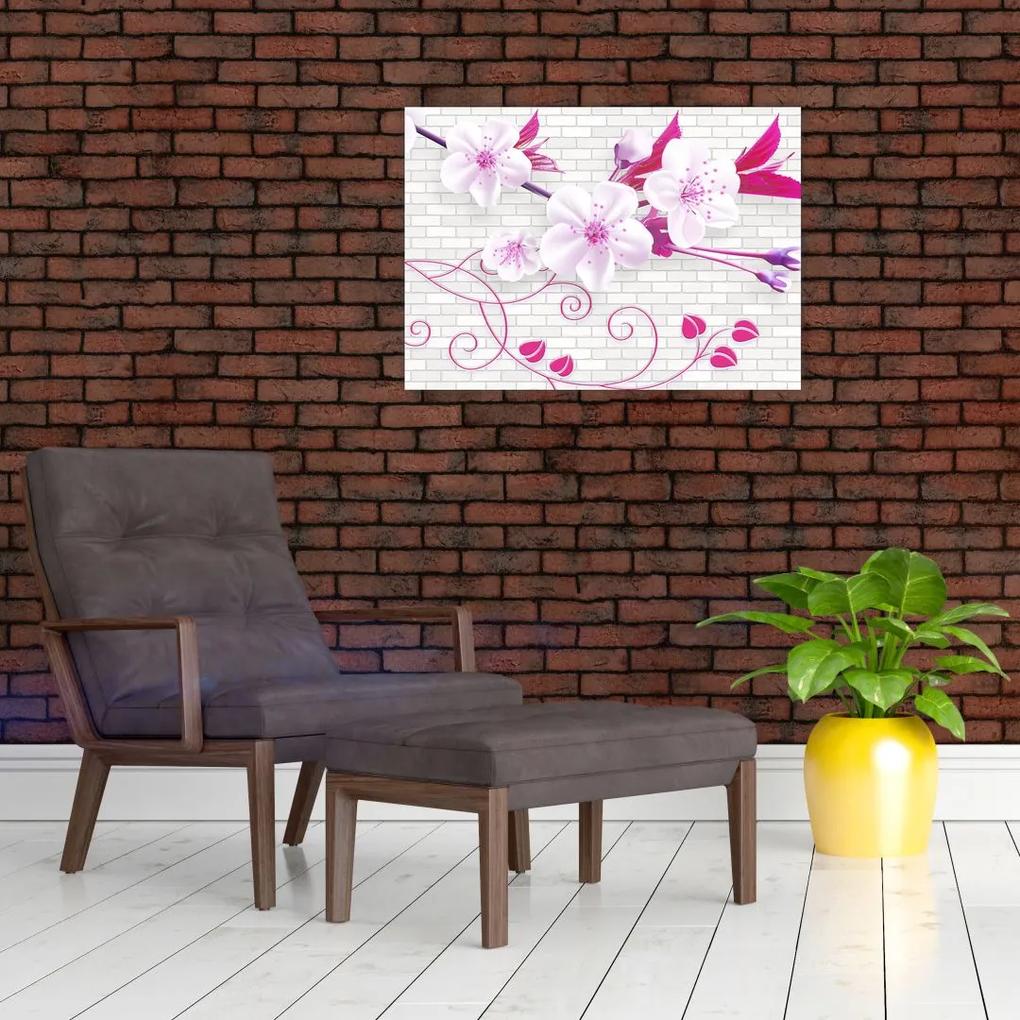 Skleněný obraz větévky s květy (70x50 cm)