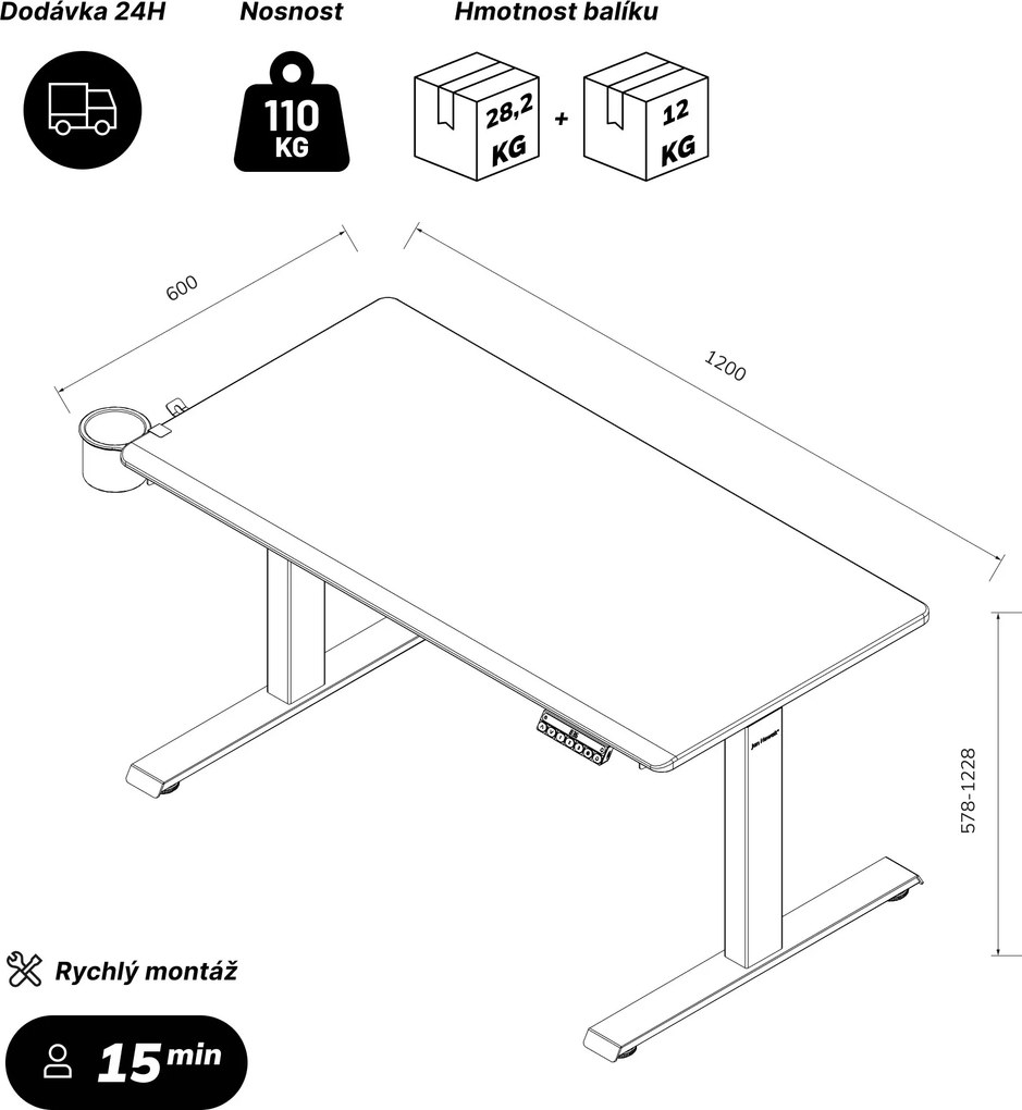 Elektrický stůl s nastavením výšky ergonomický antracitově-bílý, 1200x600 mm: ARIA