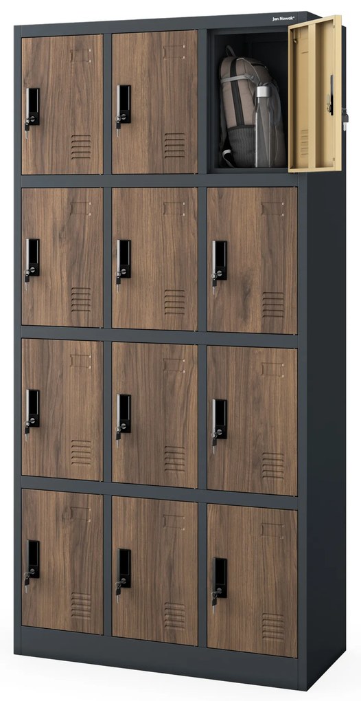 Skříňka pro zaměstnance s 12 uzamykatelnými boxy, bílá antracit/ořech, 900x1850x400 mm: MARCIN Eco Design