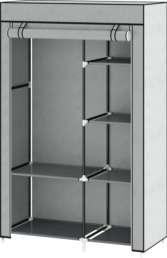 HOMCOM Šatní skříň Látková šatní skříň, 6 přihrádek, šedá, 103x43x162.5cm, Skládací šatní skříň ve fleecovém vzhledu