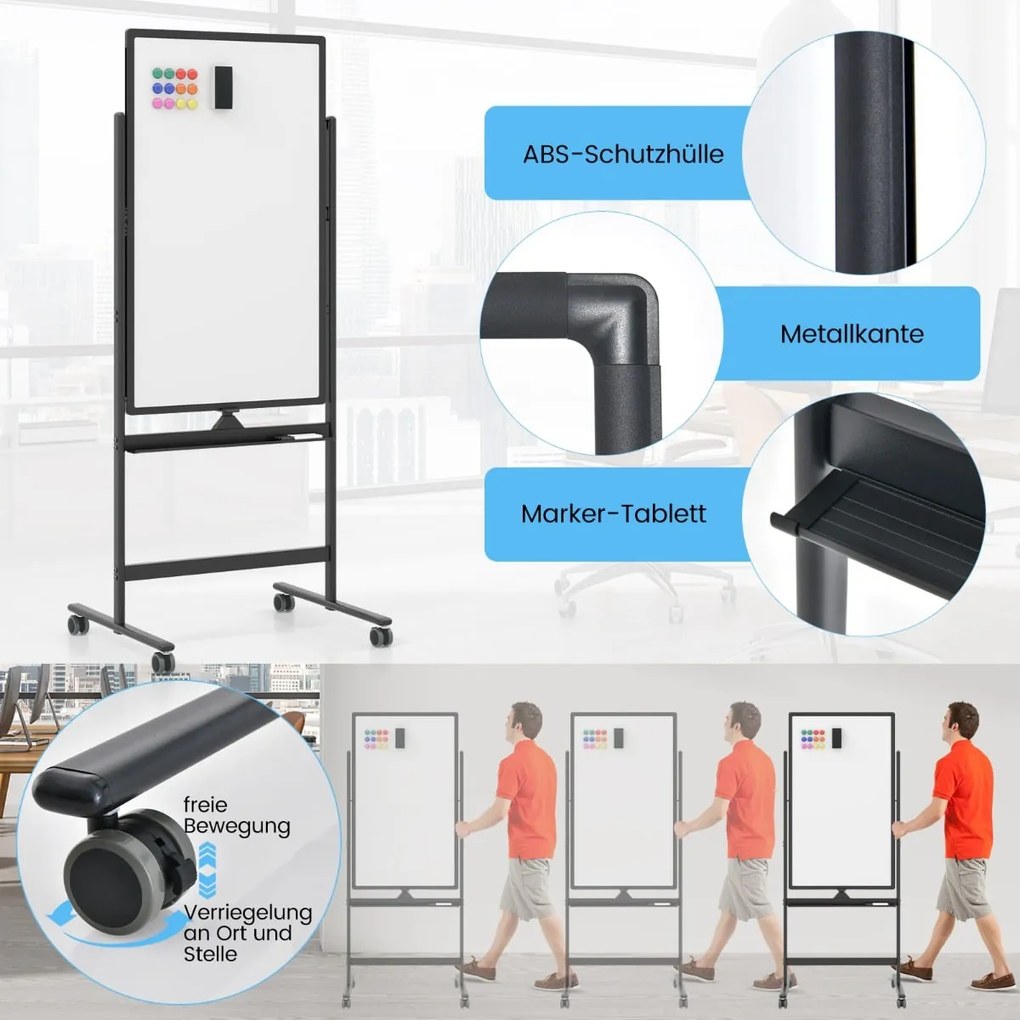 Costway Oboustranná magnetická tabule s kolečky, stojanem a zásobníkem na pera