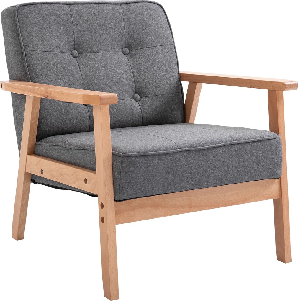 HOMCOM Samostatné Křeslo Lounge s Čalouněním a Dřevěným Rámem, Lněné Šedé 64,5 x 70 x 74 cm