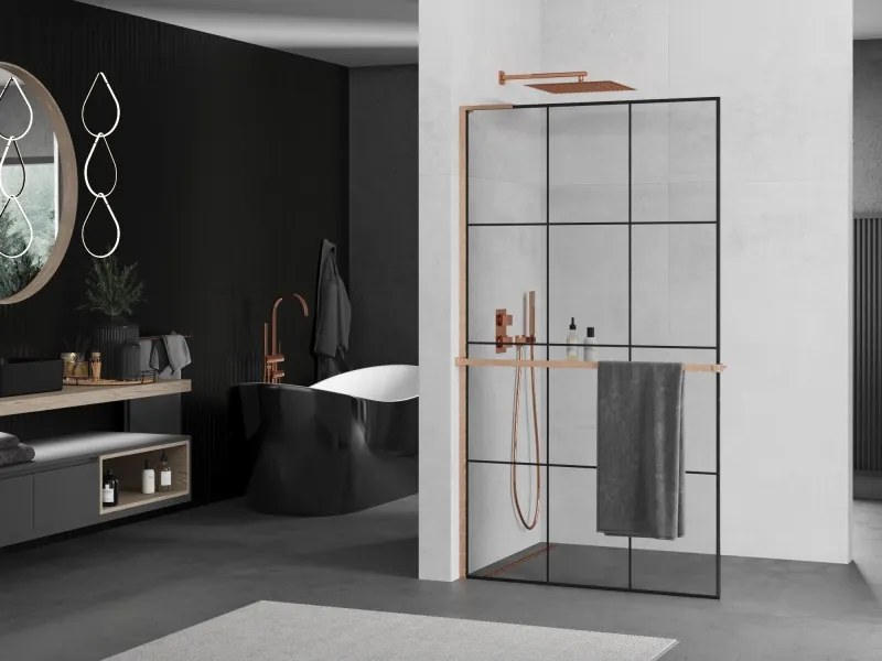 Mexen Kioto+ L, sprchová zástěna Walk-In s poličkou a věšákem 100 x 200 cm, 8mm čiré sklo černý vzor, měděný matný profil, 800-100-123-65-77