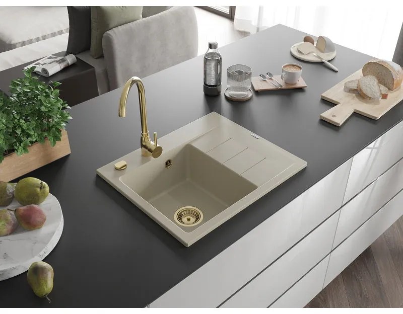 Mexen Ben, 1-komorový granitový dřez 600x500x190 mm, levý + zlatý sifon, béžová, 6522605000-69-G